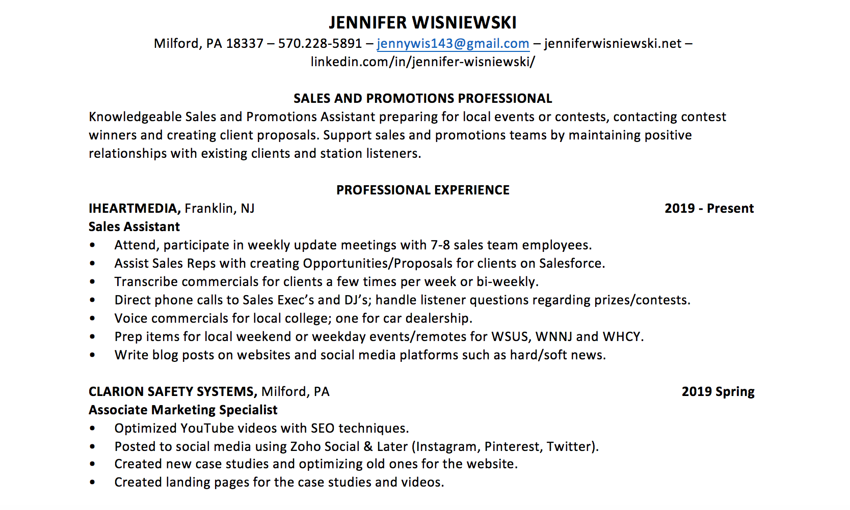 Resume – Jennifer Wisniewski